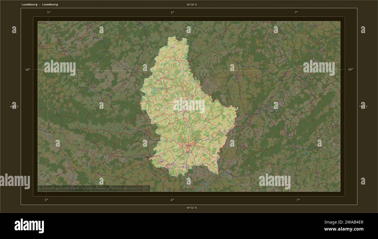 Luxembourg highlighted on a topographic, OSM Humanitarian style map map ...