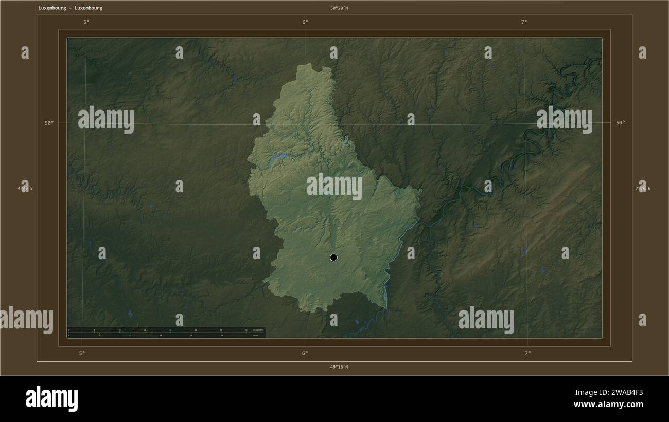 Luxembourg highlighted on a Colored elevation map with lakes and rivers ...