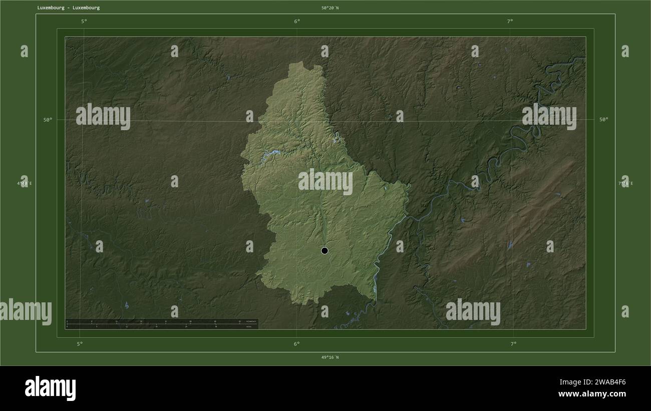Luxembourg highlighted on a Pale colored elevation map with lakes and rivers map with the ...