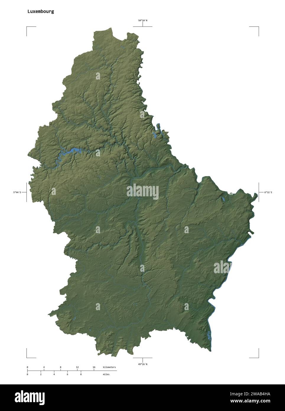 Shape of a Colored elevation map with lakes and rivers of the Luxembourg, with distance scale ...