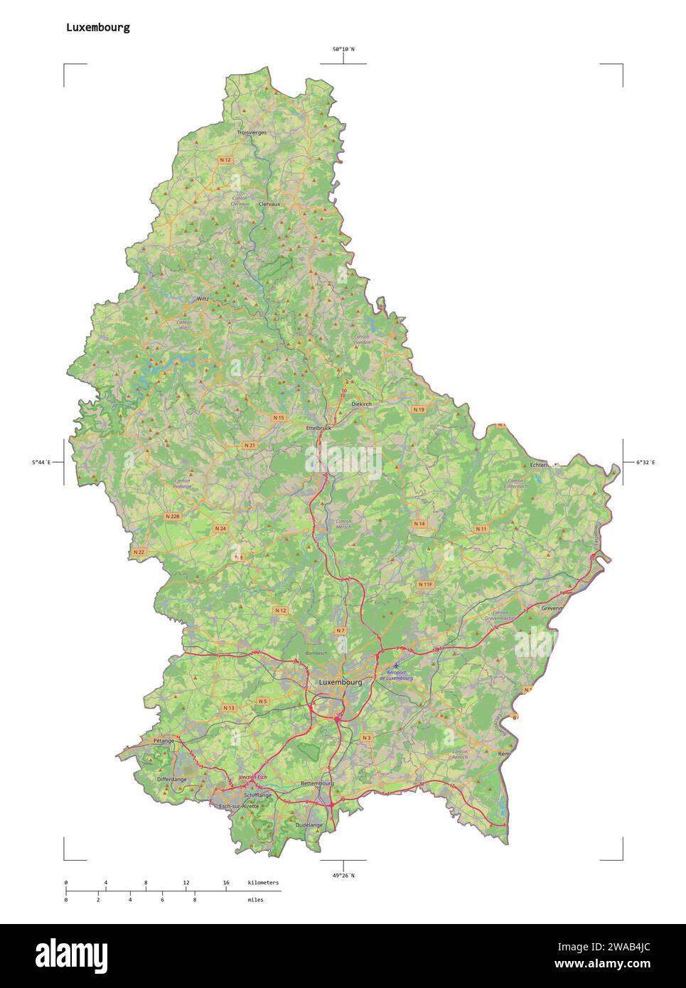 Shape of a topographic, OSM standard style map of the Luxembourg, with distance scale and map ...