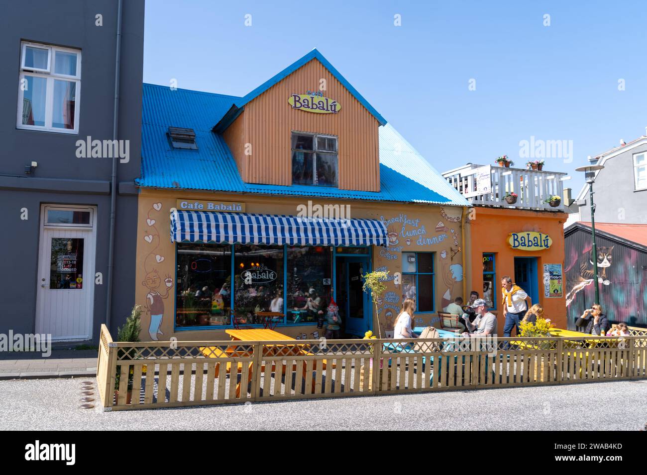 Reykjavik, Iceland - July 10, 2023: Cafe Babalu, outside with patio ...