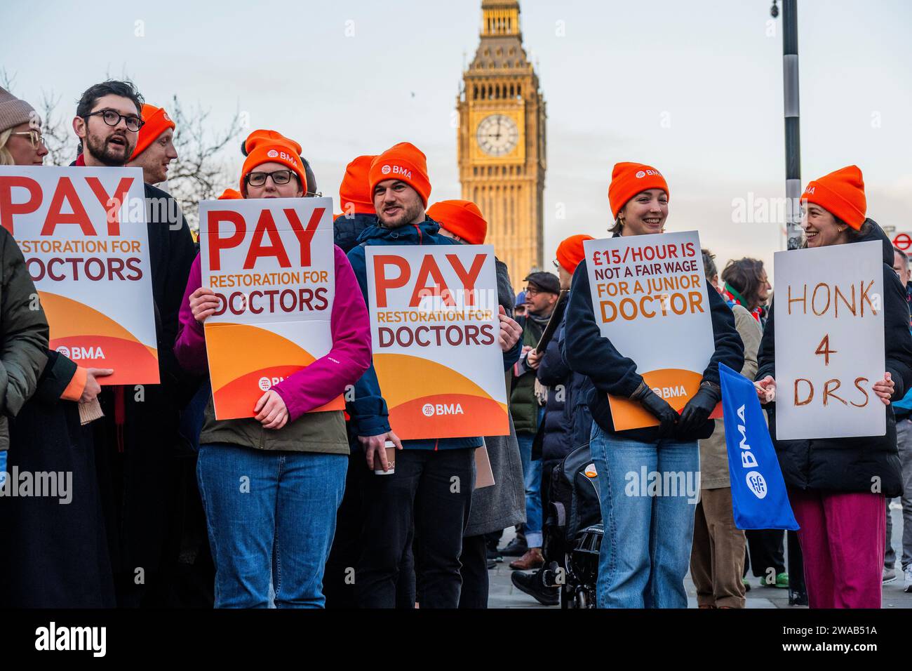 London, UK. 3rd Jan, 2024. A picket line outside St Thomas Hospital ...