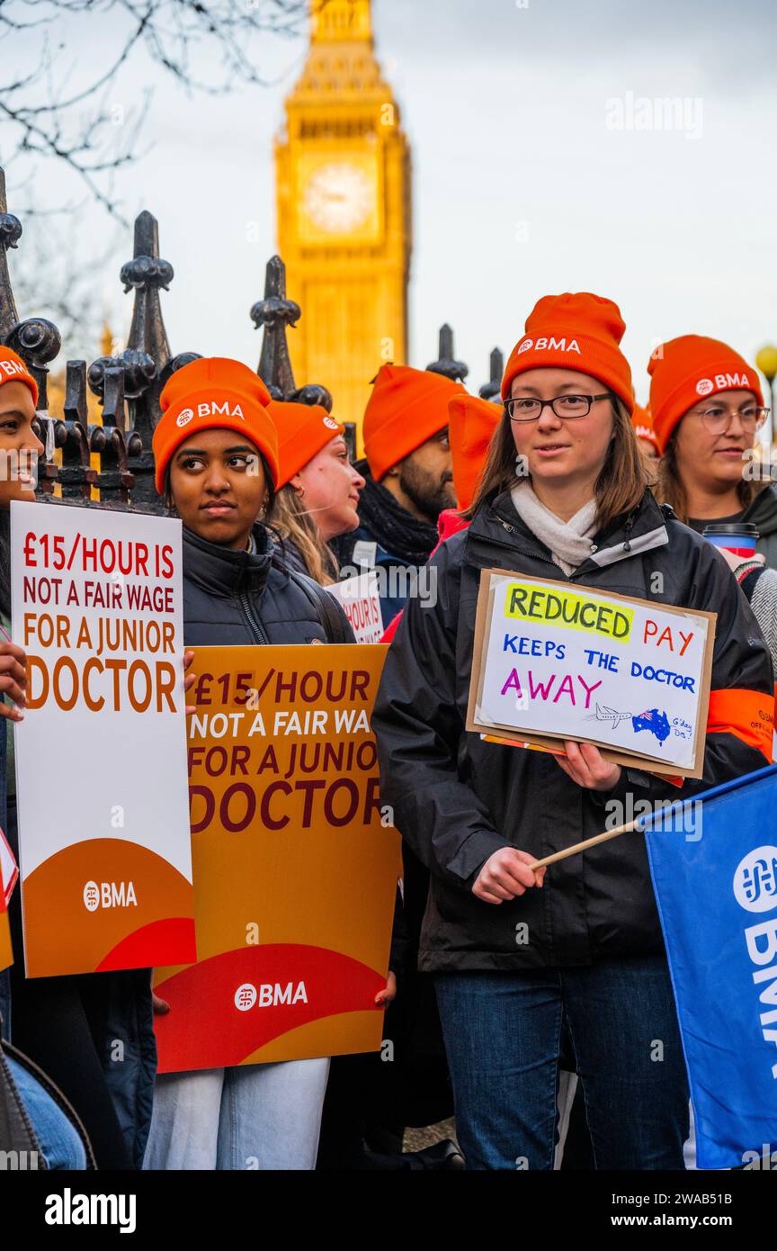 London, UK. 3rd Jan, 2024. A picket line outside St Thomas Hospital ...