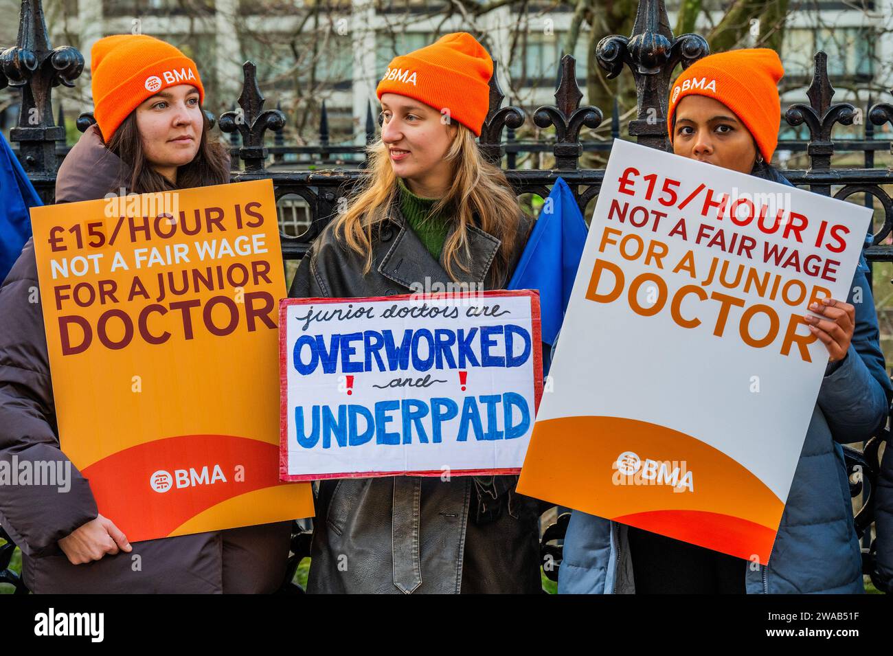 London, UK. 3rd Jan, 2024. A picket line outside St Thomas Hospital ...