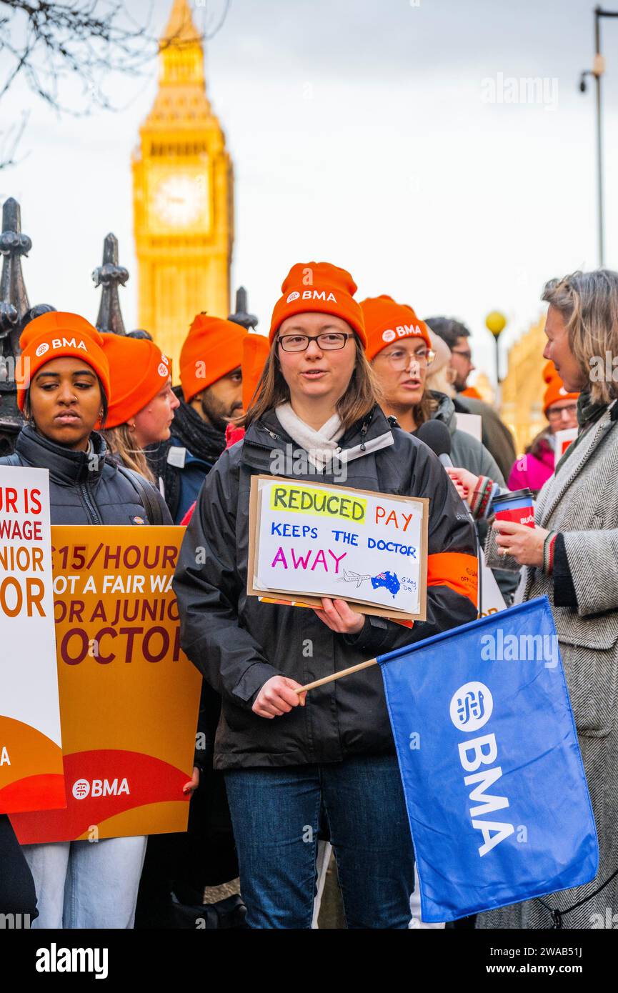 London, UK. 3rd Jan, 2024. A picket line outside St Thomas Hospital ...