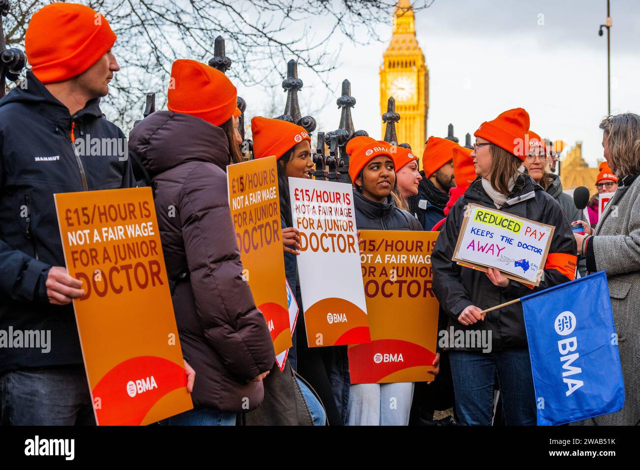 London, UK. 3rd Jan, 2024. A picket line outside St Thomas Hospital ...