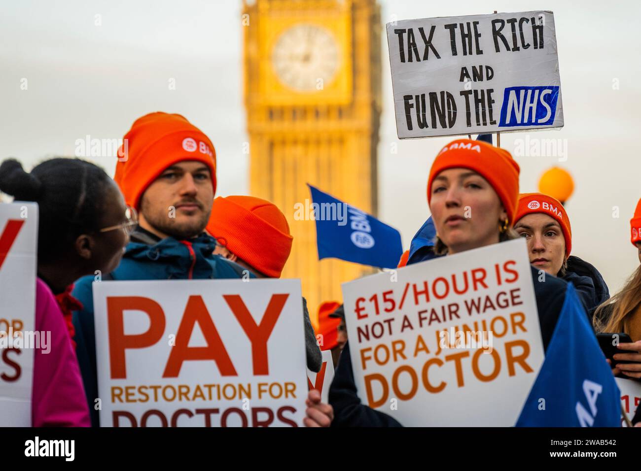 London, UK. 3rd Jan, 2024. A picket line outside St Thomas Hospital ...