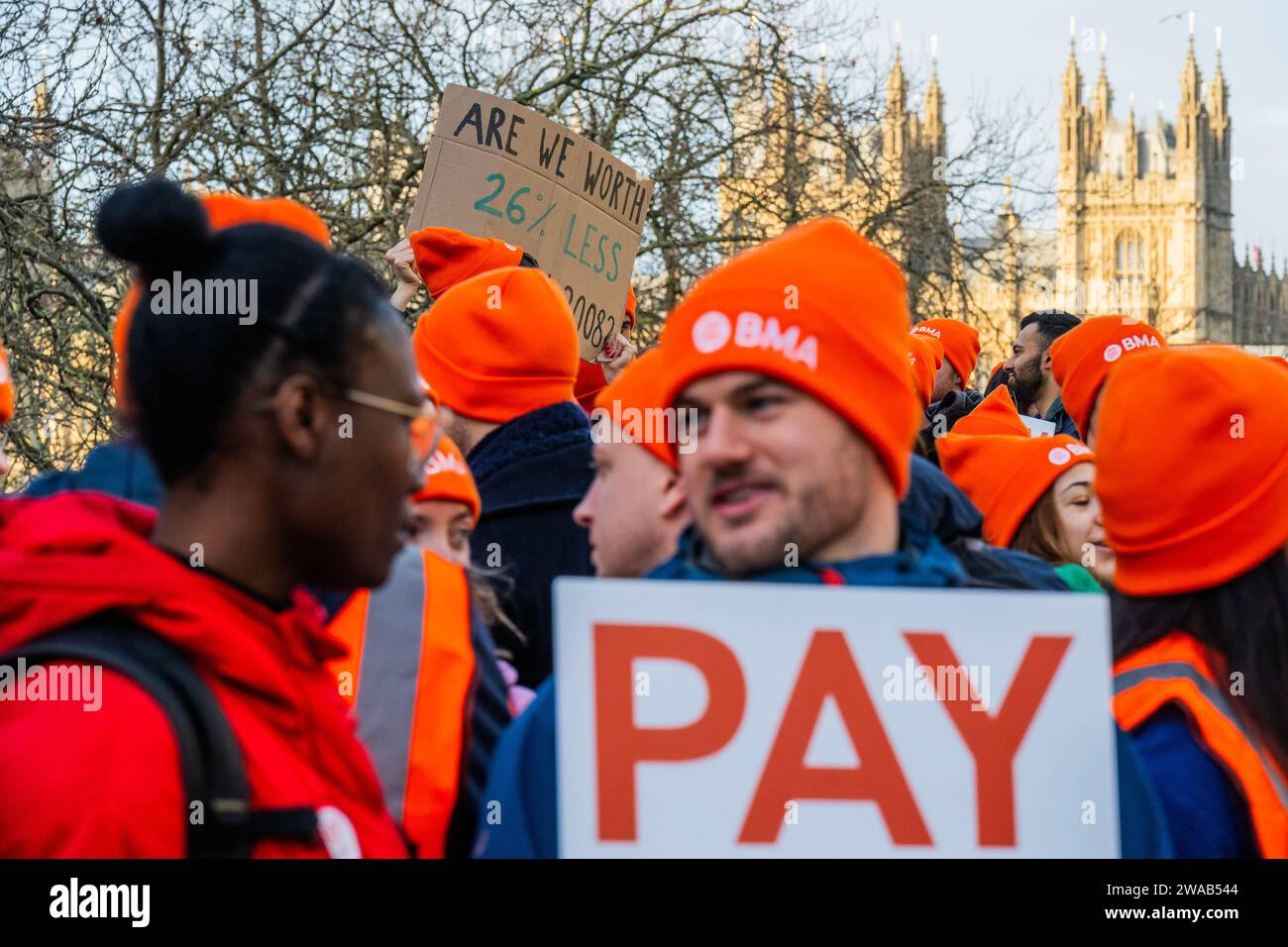 London, UK. 3rd Jan, 2024. A picket line outside St Thomas Hospital ...