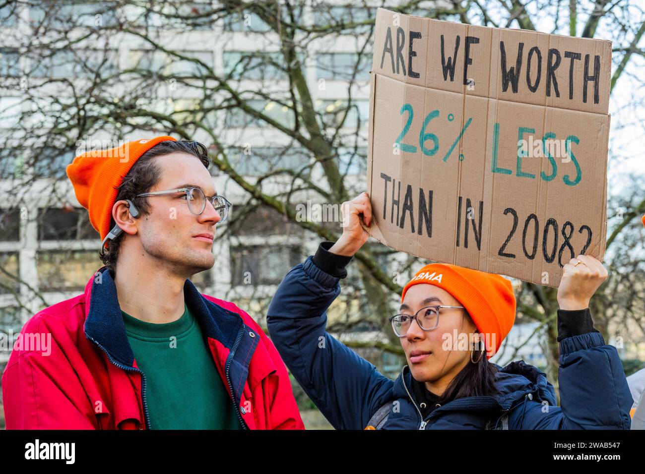 London, UK. 3rd Jan, 2024. A picket line outside St Thomas Hospital ...
