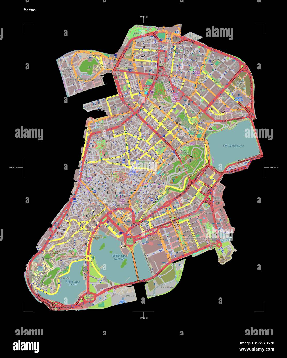 Shape of a topographic, OSM France style map of the Macao, with ...