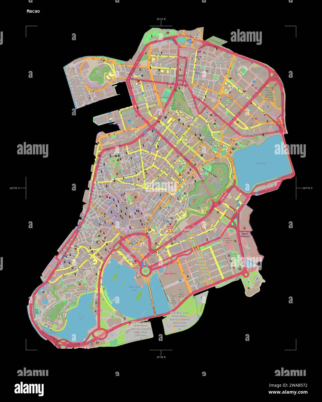 Shape of a topographic, OSM Germany style map of the Macao, with ...