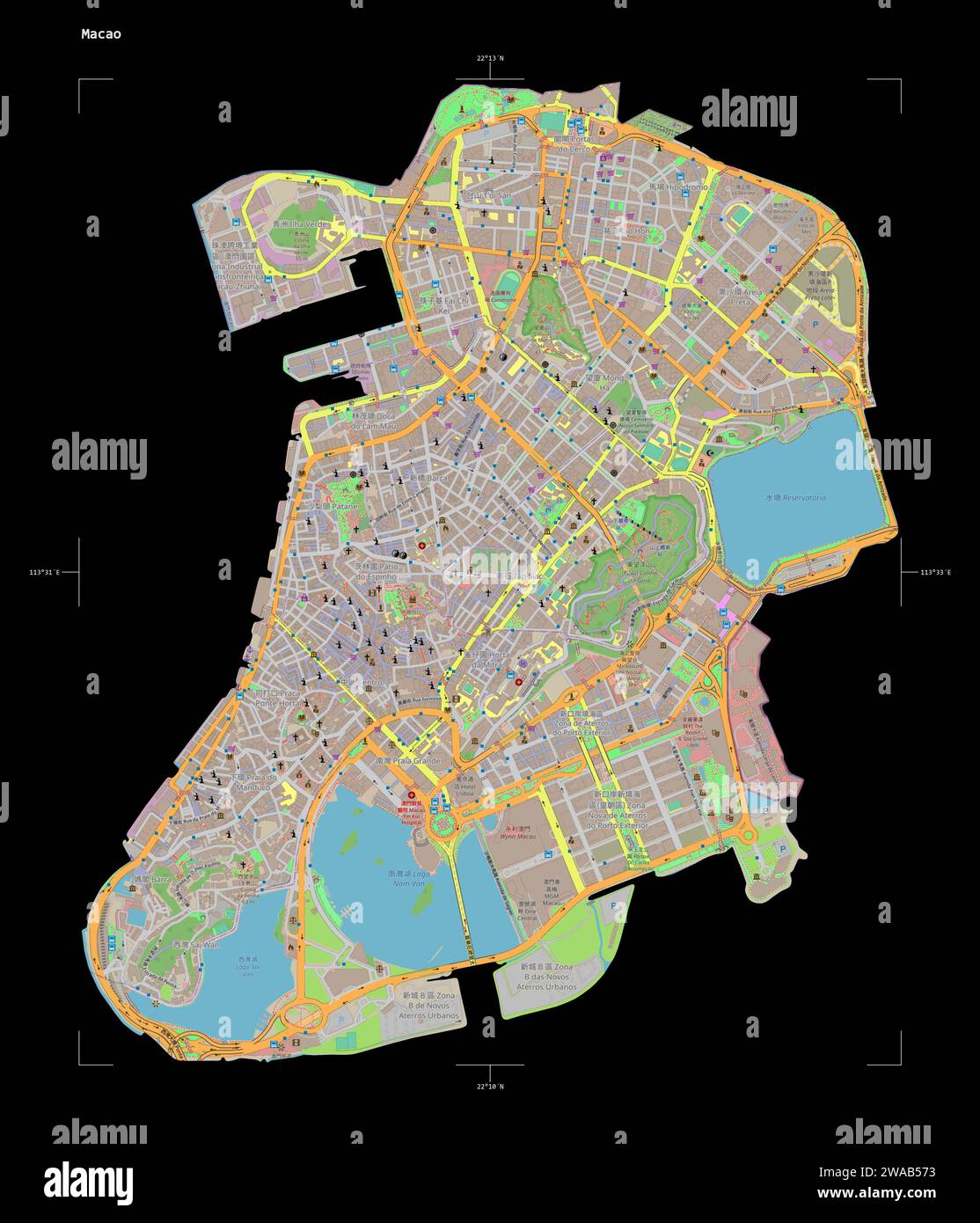 Shape of a topographic, OSM standard style map of the Macao, with ...
