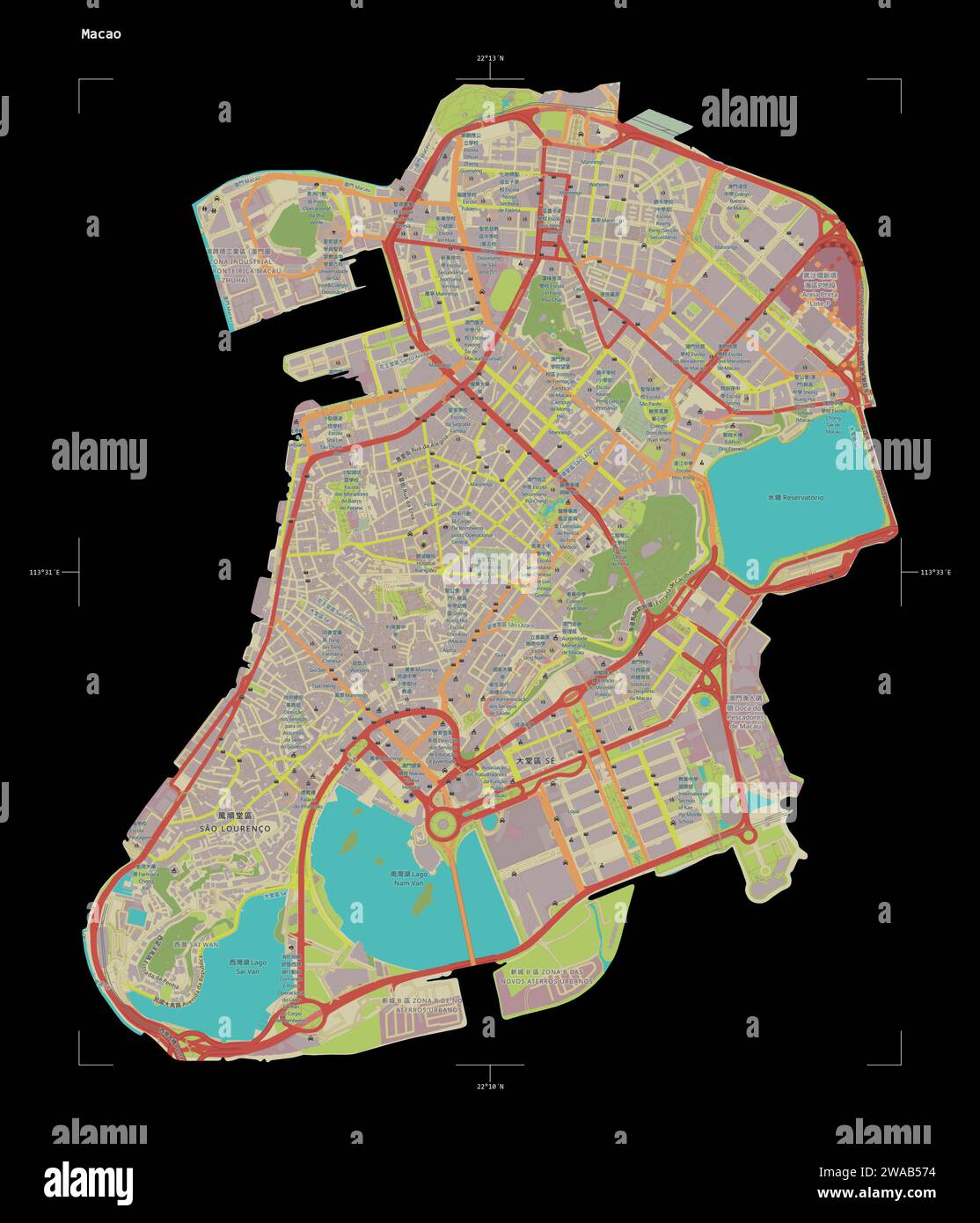 Shape of a topographic, OSM Humanitarian style map of the Macao, with ...