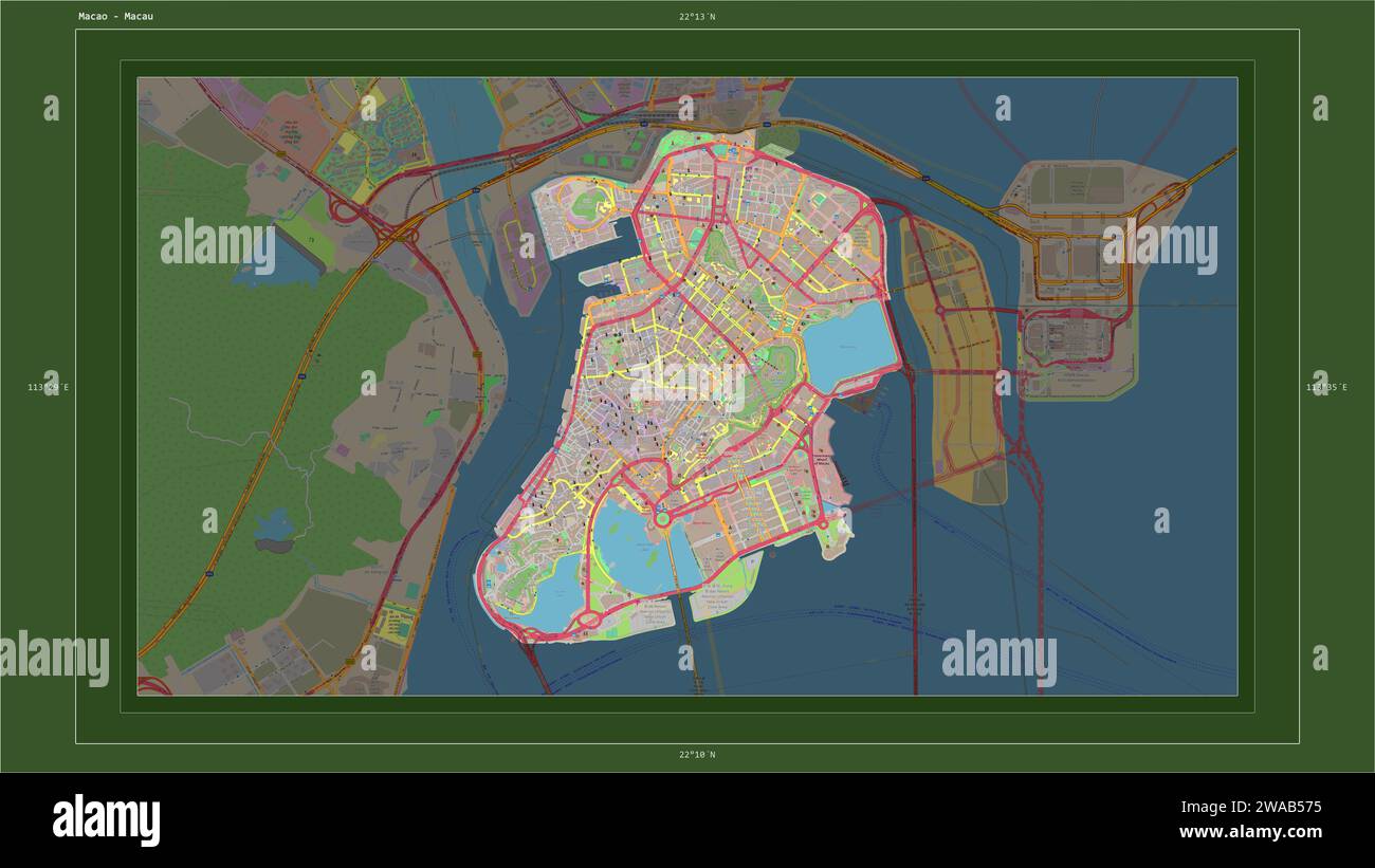 Macao highlighted on a topographic, OSM Germany style map map with the country's capital point ...
