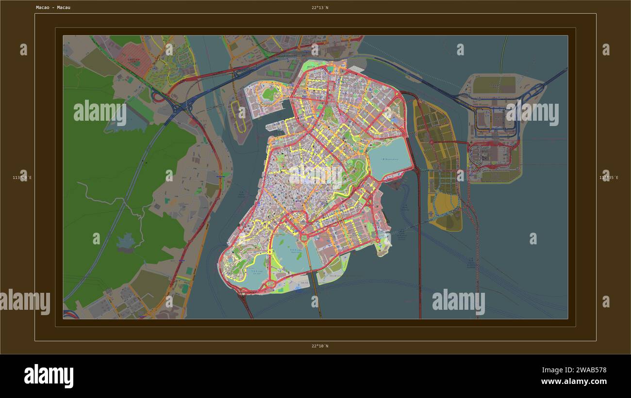 Macao highlighted on a topographic, OSM France style map map with the ...