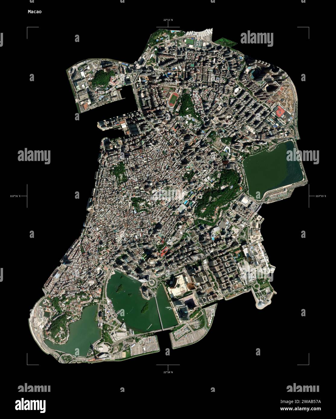 Shape of a low resolution satellite map of the Macao, with distance ...