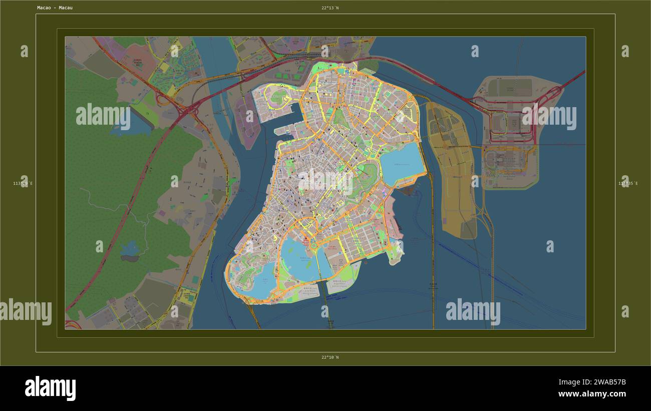 Macao highlighted on a topographic, OSM standard style map map with the country's capital point ...