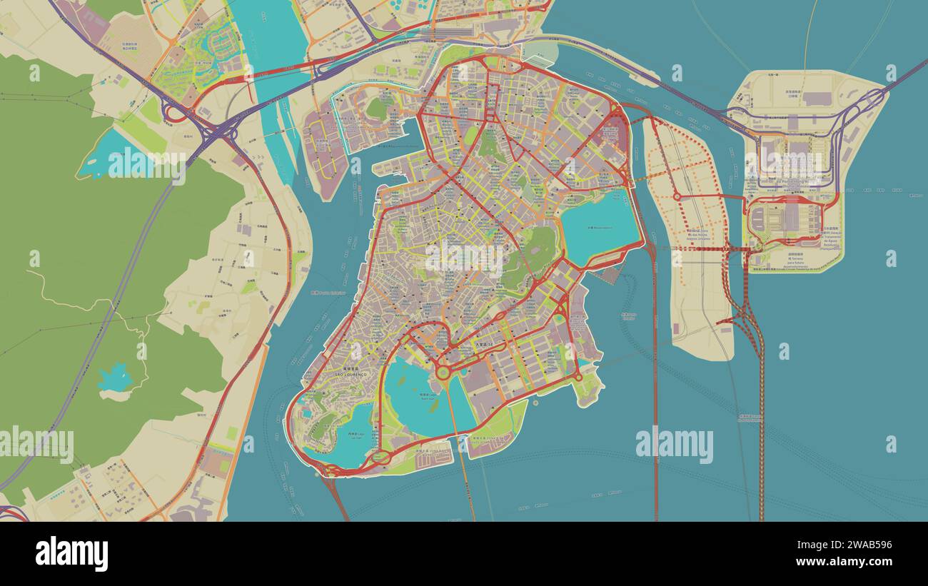 Macao outlined on a topographic, OSM Humanitarian style map Stock Photo ...