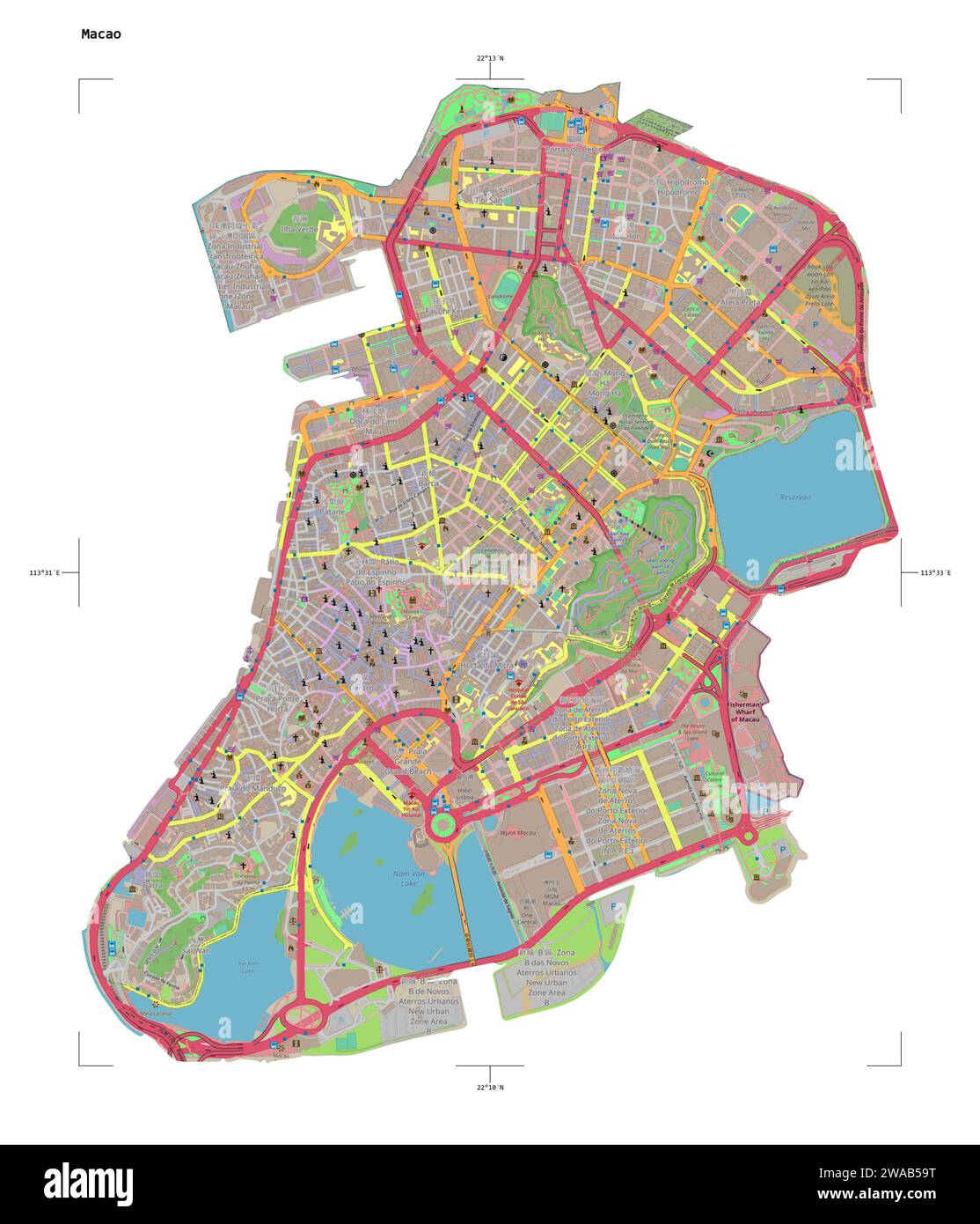 Shape of a topographic, OSM Germany style map of the Macao, with ...