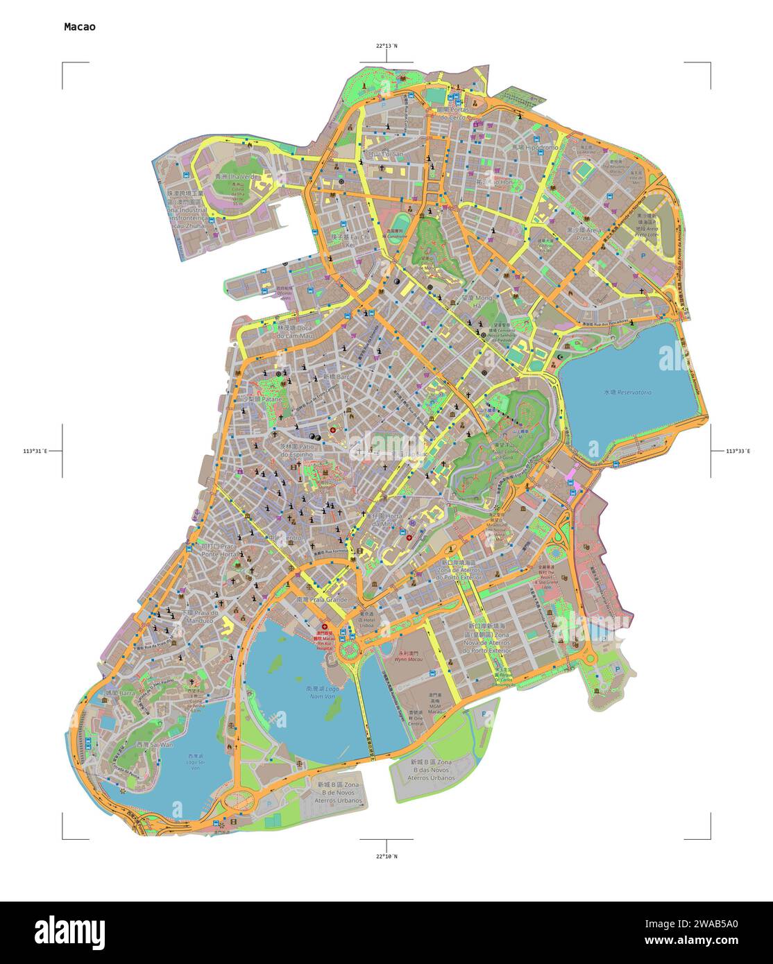 Shape of a topographic, OSM standard style map of the Macao, with ...