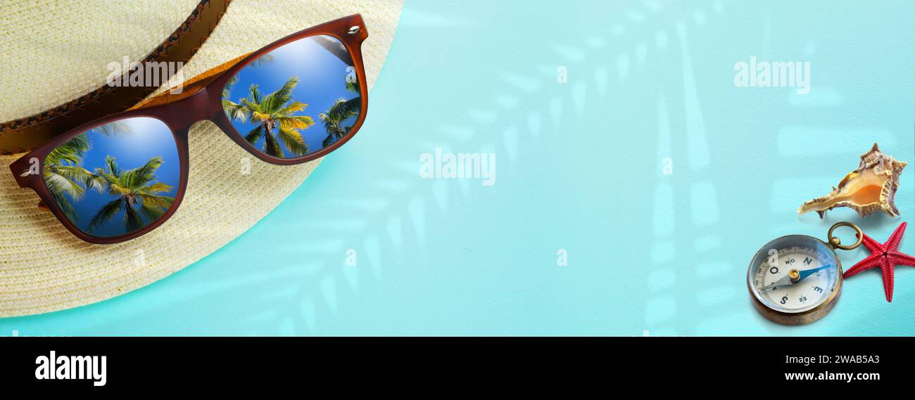 concept vacation and summer travel banner. Happy holidays on tropical ...