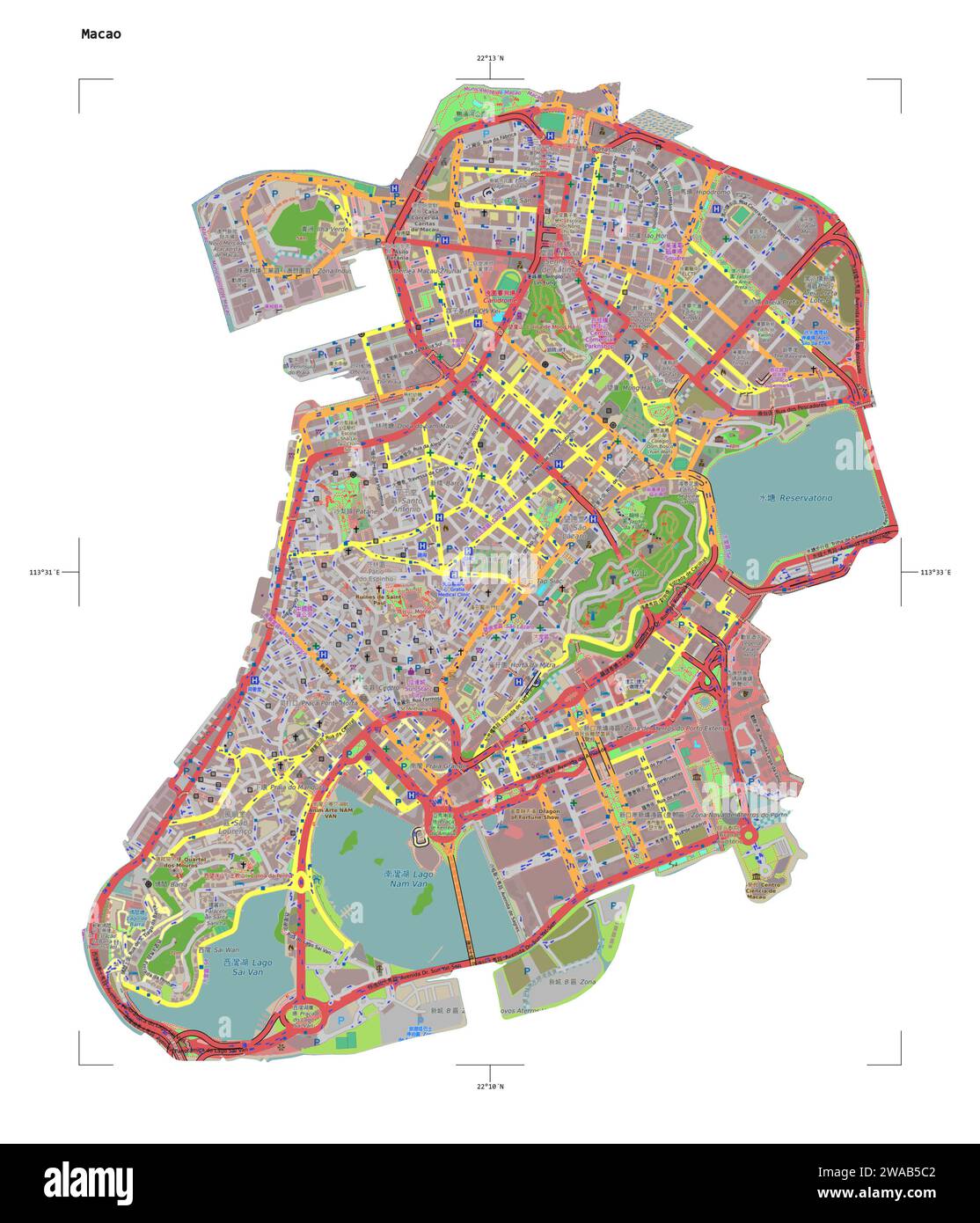 Shape of a topographic, OSM France style map of the Macao, with ...