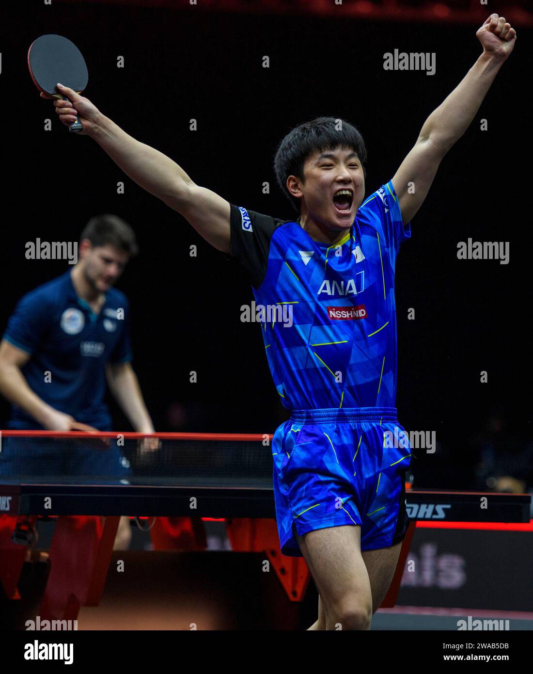 Doha, Qatar. 3rd Jan, 2024. Harimoto Tomokazu celebrates winning the ...