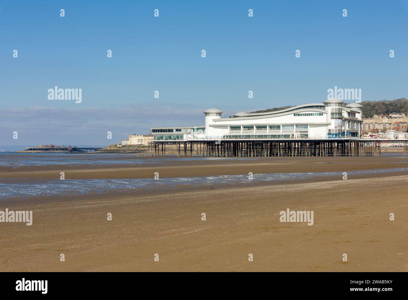 The Grand Pier from the beach at the seaside town of Weston-super-Mare ...
