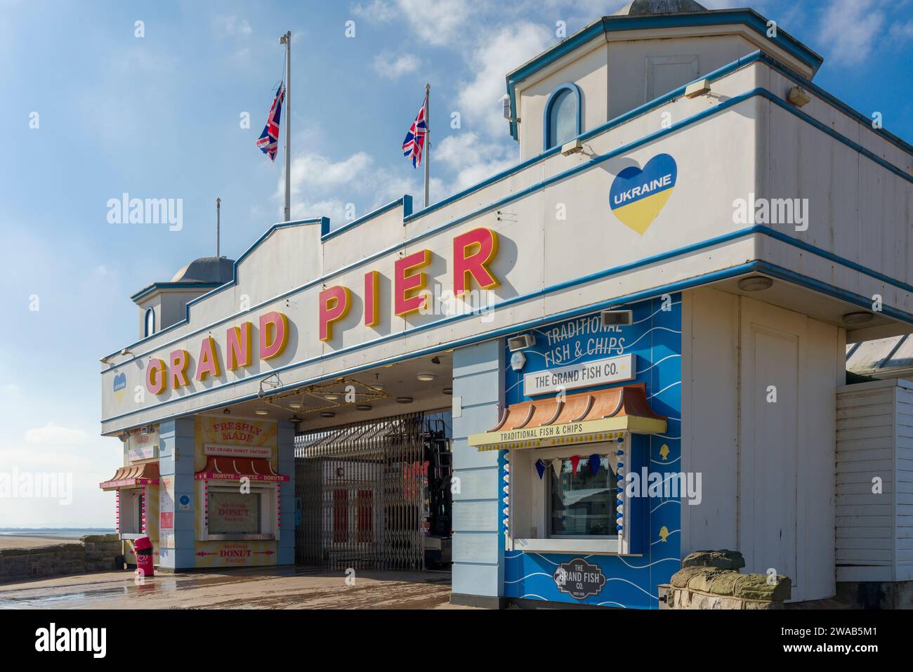 The entrance to Grand Pier at the seaside town of Weston-super-Mare ...