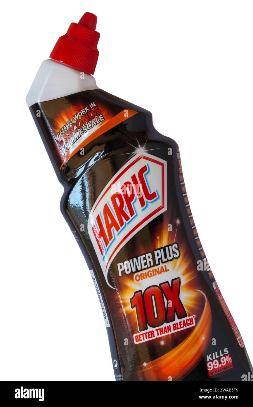 Harpic Power Plus original 10 x better than bleach set on white background - kills99.9% of ...