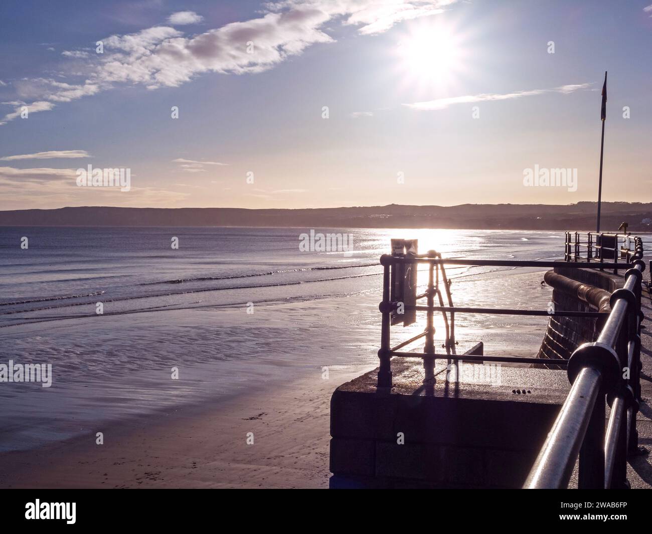 View over railings to Filey Beach, North Yorkshire, England Stock Photo ...