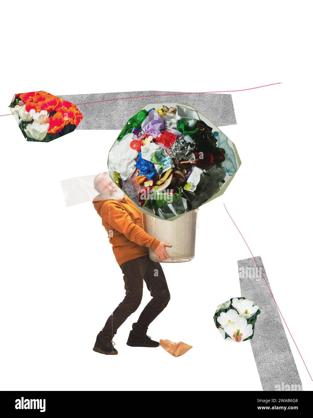 Senior man carrying giant garbage bin, taking care after nature ...