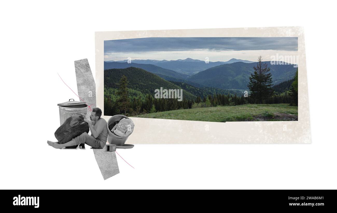 Man taking away garbage over mountain and forest image. Environment ...
