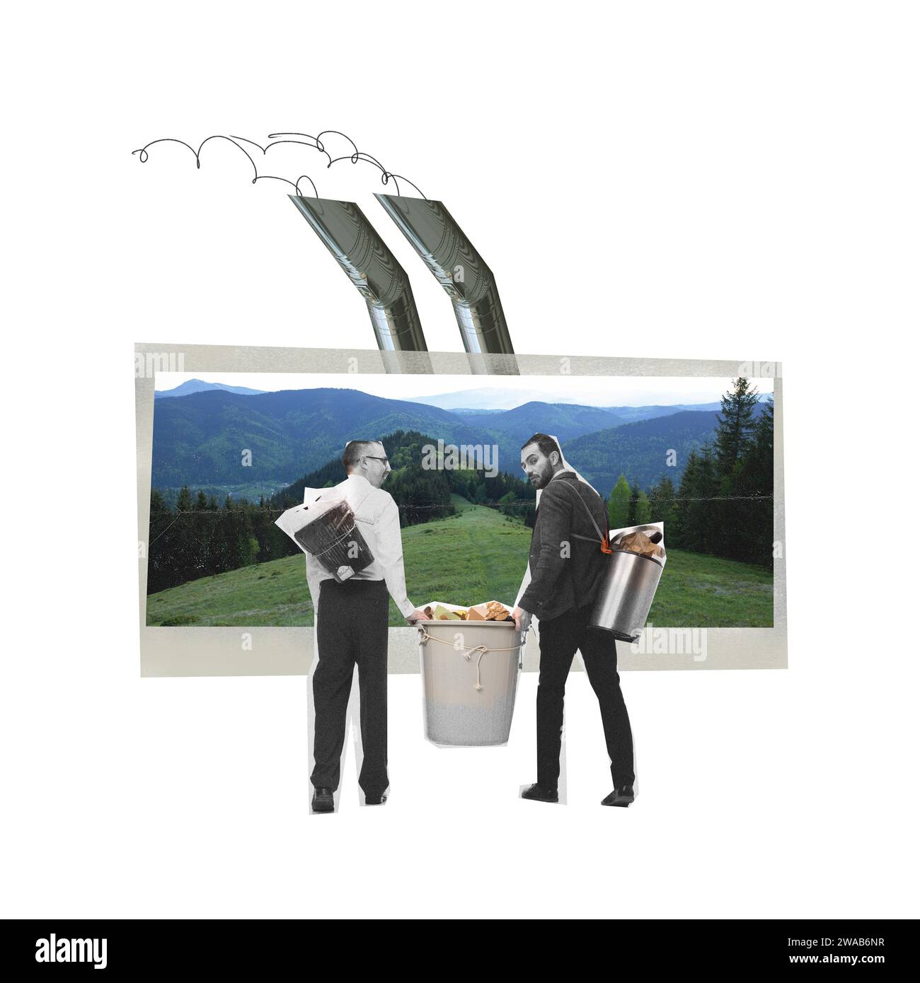 Two men carrying garbage bin away garbage over mountain and forest ...