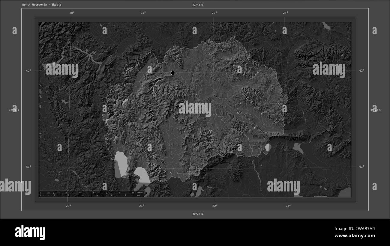 North Macedonia highlighted on a Bilevel elevation map with lakes and ...