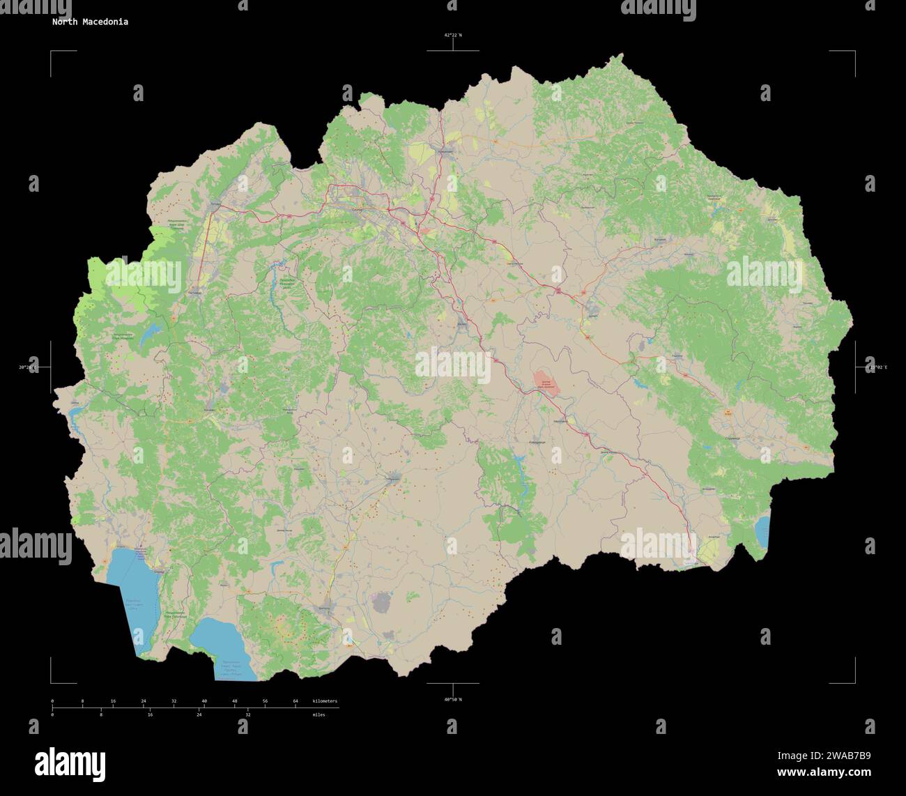 Shape of a topographic, OSM standard style map of the North Macedonia ...