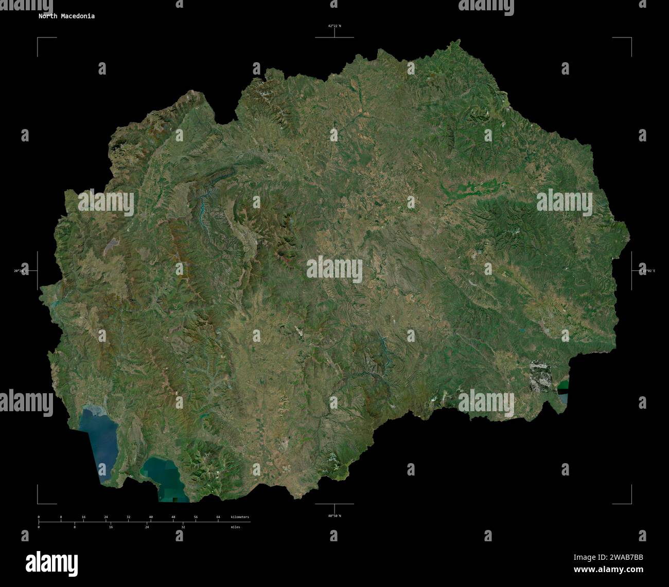 Shape of a high resolution satellite map of the North Macedonia, with ...
