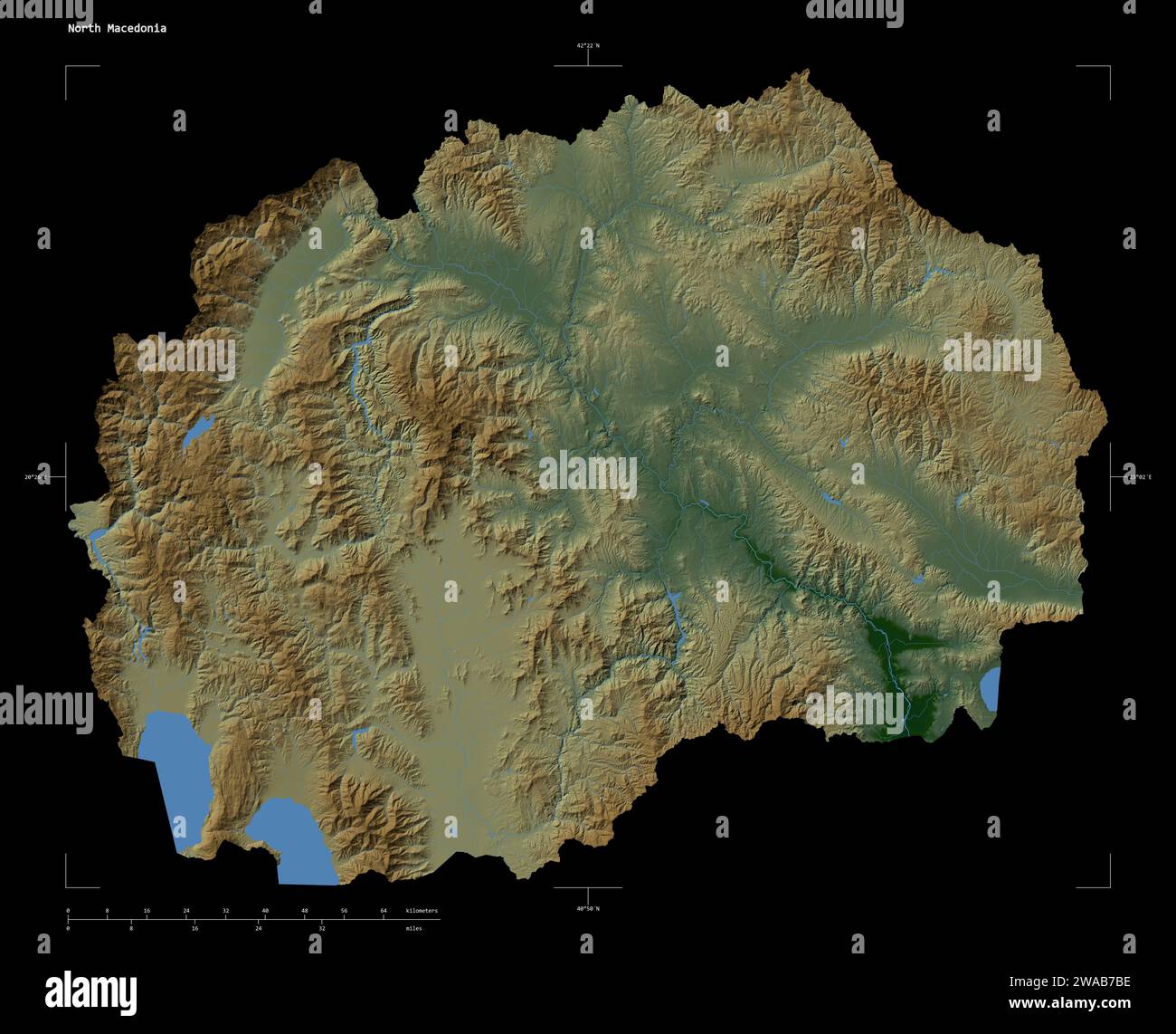 Shape of a Colored elevation map with lakes and rivers of the North Macedonia, with distance ...