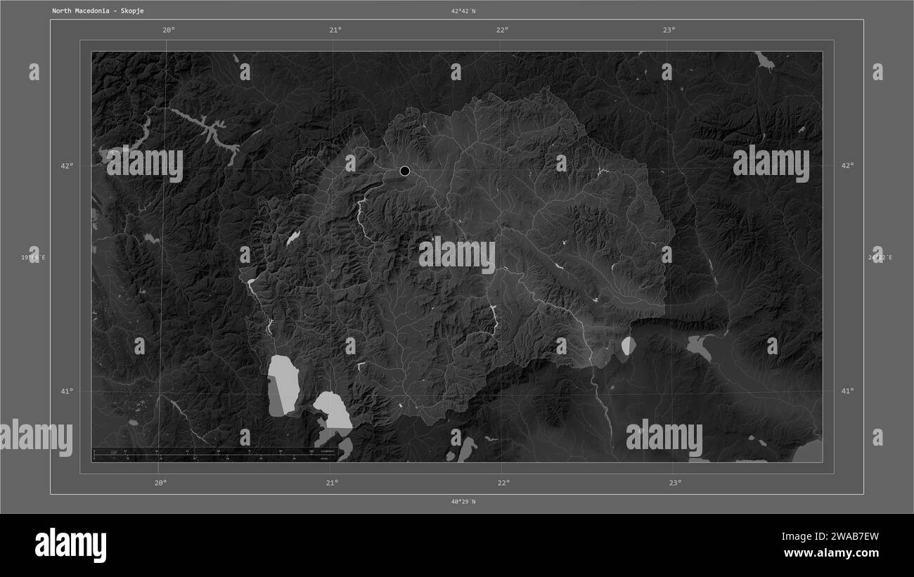 North Macedonia highlighted on a Grayscale elevation map with lakes and ...