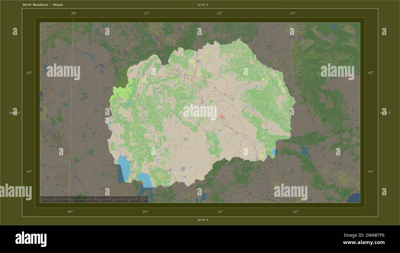North Macedonia highlighted on a topographic, OSM standard style map ...