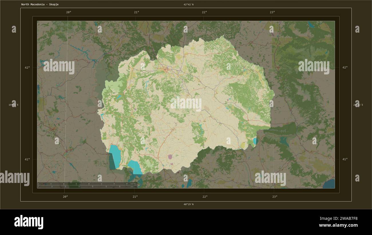 North Macedonia highlighted on a topographic, OSM Humanitarian style ...