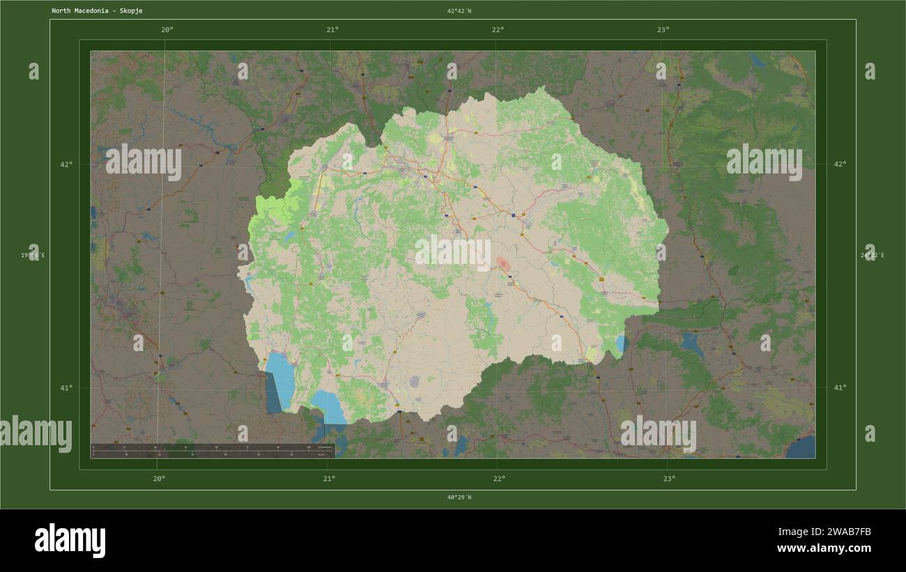 North Macedonia highlighted on a topographic, OSM Germany style map map ...