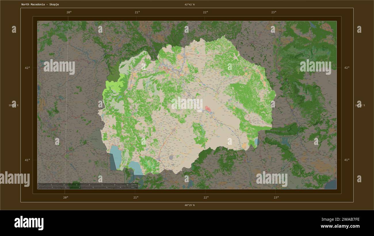 North Macedonia highlighted on a topographic, OSM France style map map ...