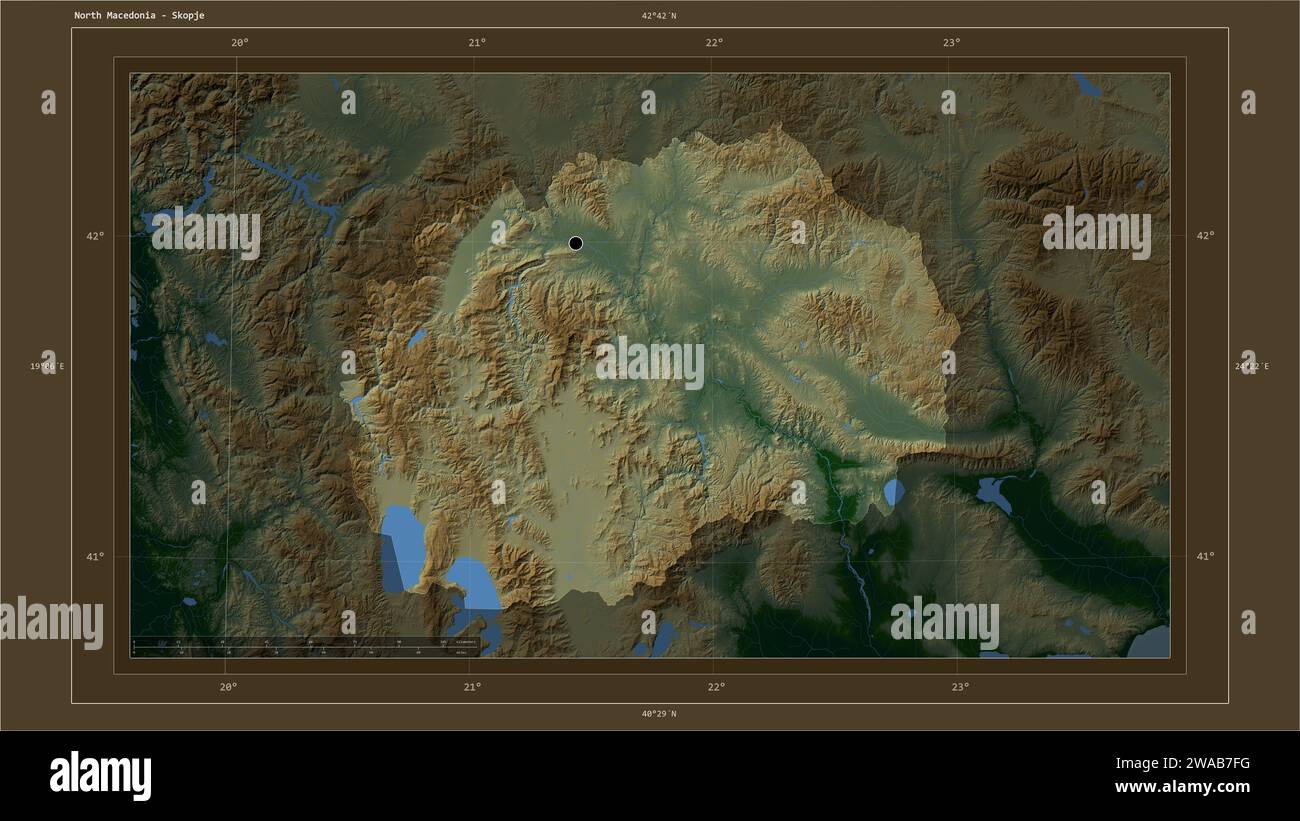 North Macedonia highlighted on a Colored elevation map with lakes and ...