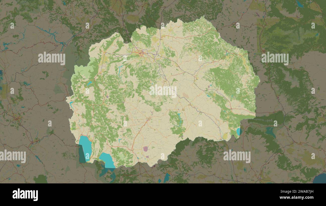 North Macedonia highlighted on a topographic, OSM Humanitarian style ...