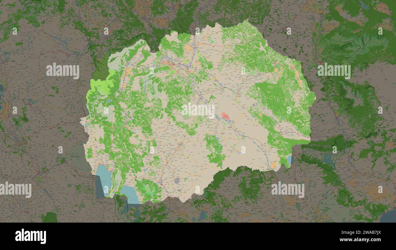 North Macedonia highlighted on a topographic, OSM France style map ...