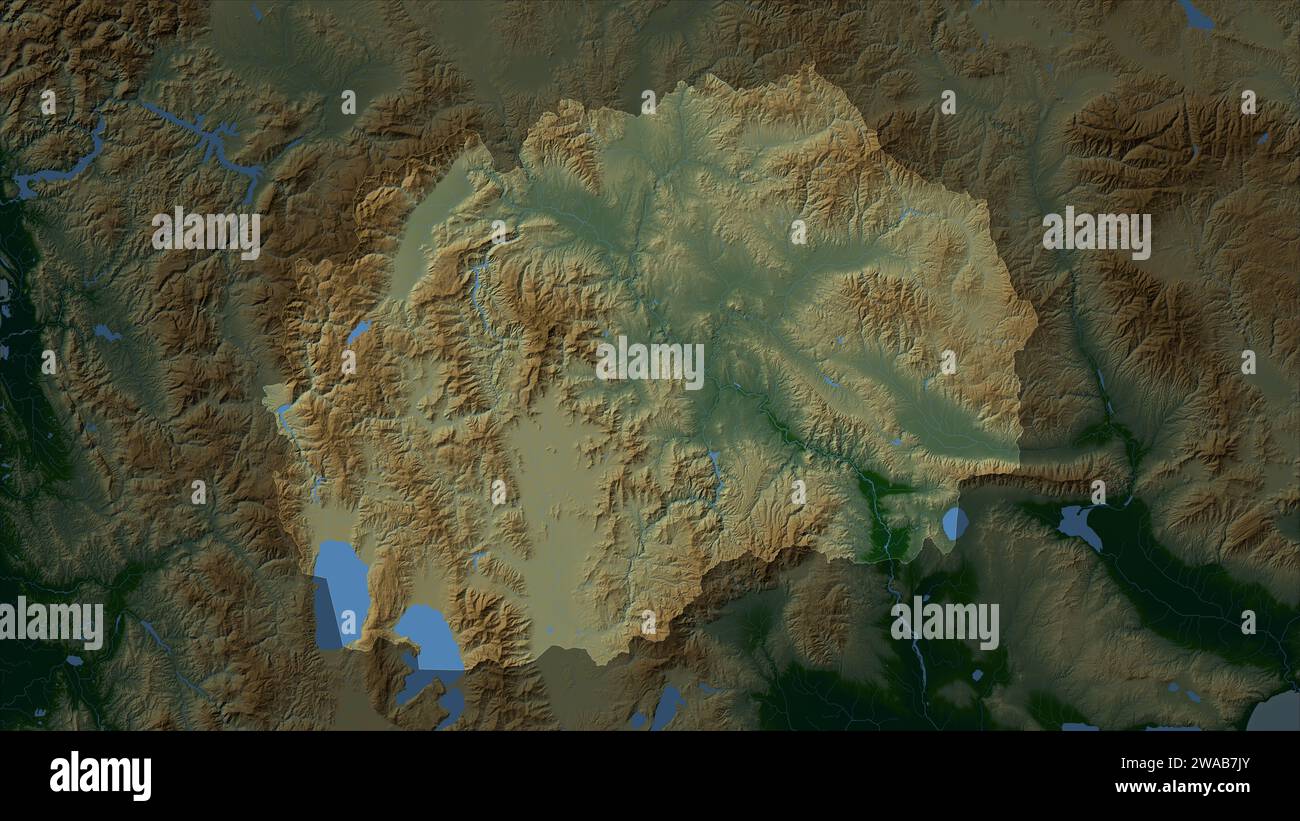 North Macedonia highlighted on a Colored elevation map with lakes and ...