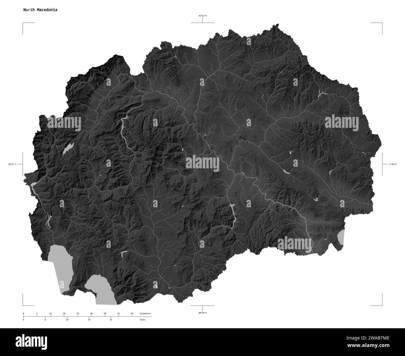 Shape of a Grayscale elevation map with lakes and rivers of the North Macedonia, with distance ...