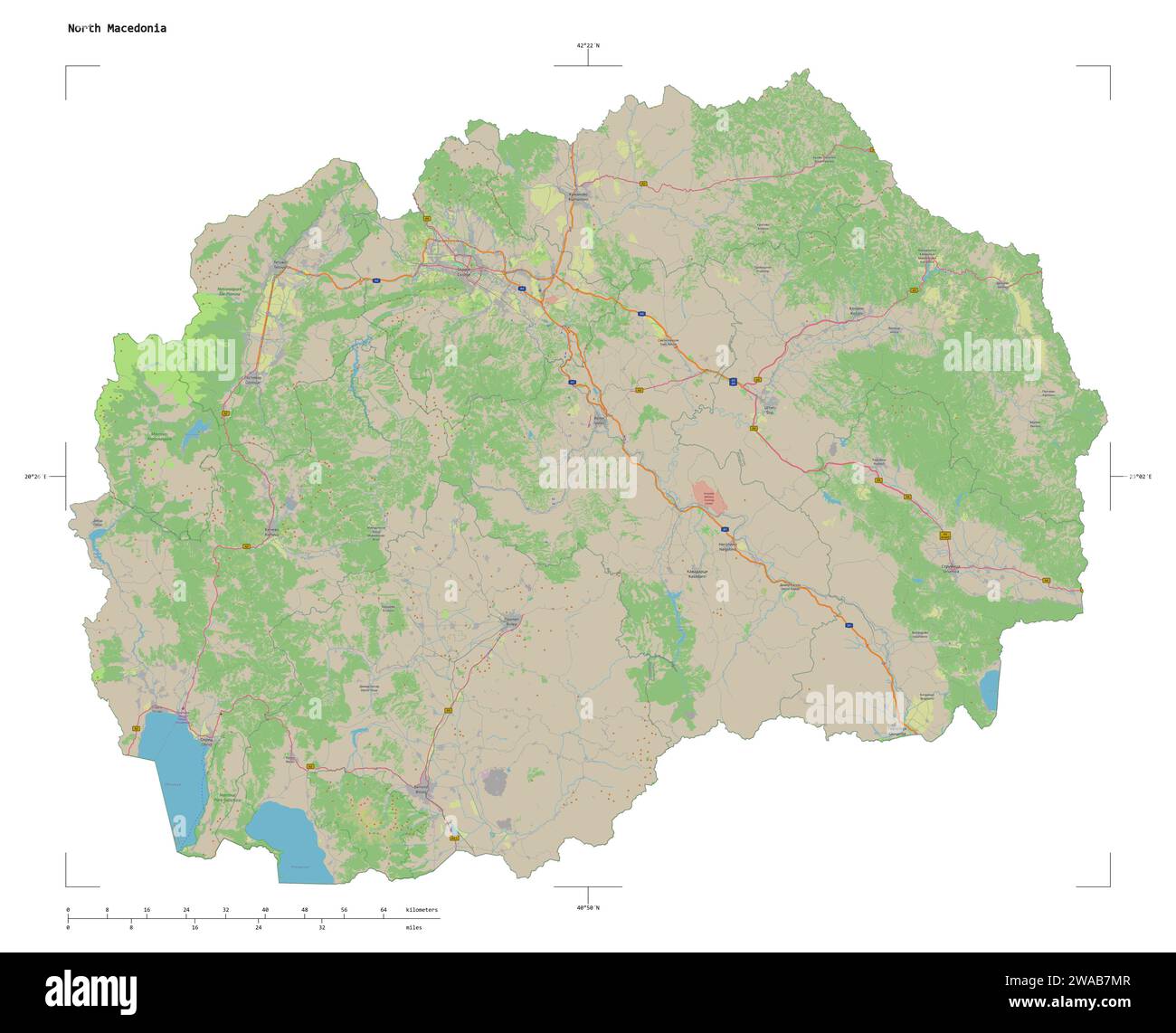 Shape of a topographic, OSM Germany style map of the North Macedonia, with distance scale and ...